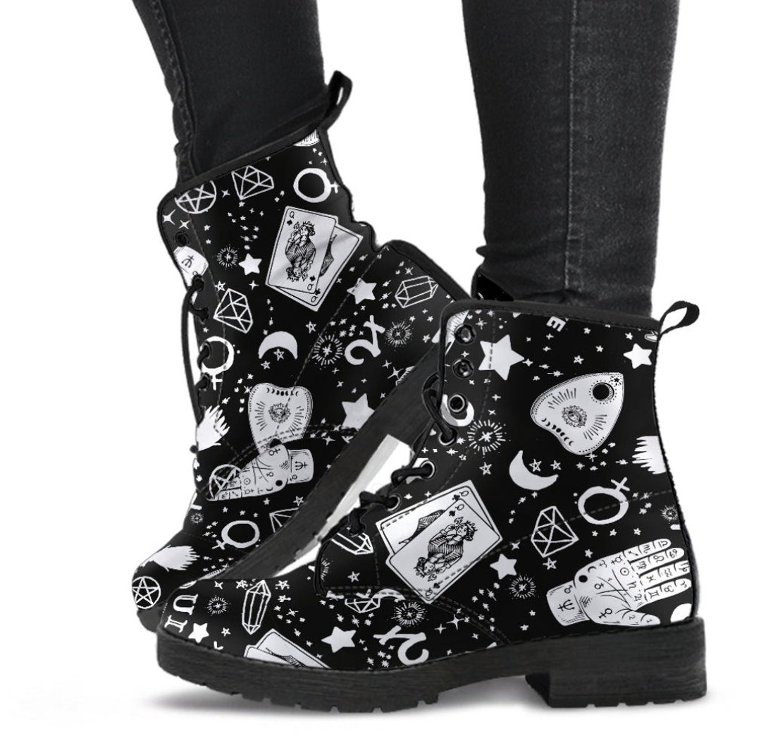 Lace up Boots, Occult Symbols on Black, Witchy, Goth, Custom Made Faux ...