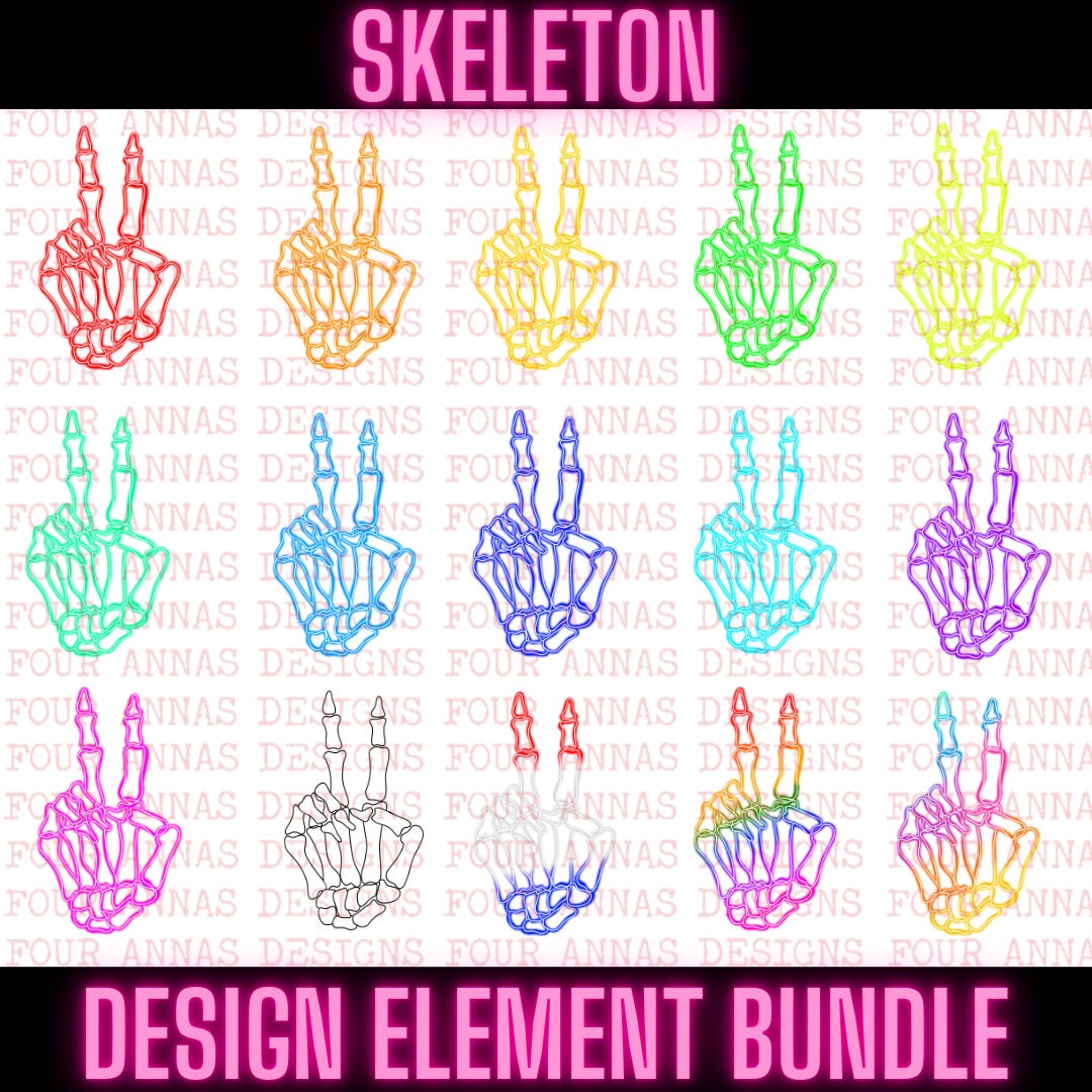 Neon Skeleton Elements, Peace Sign, Skeleton Hand, Digital Elements ...