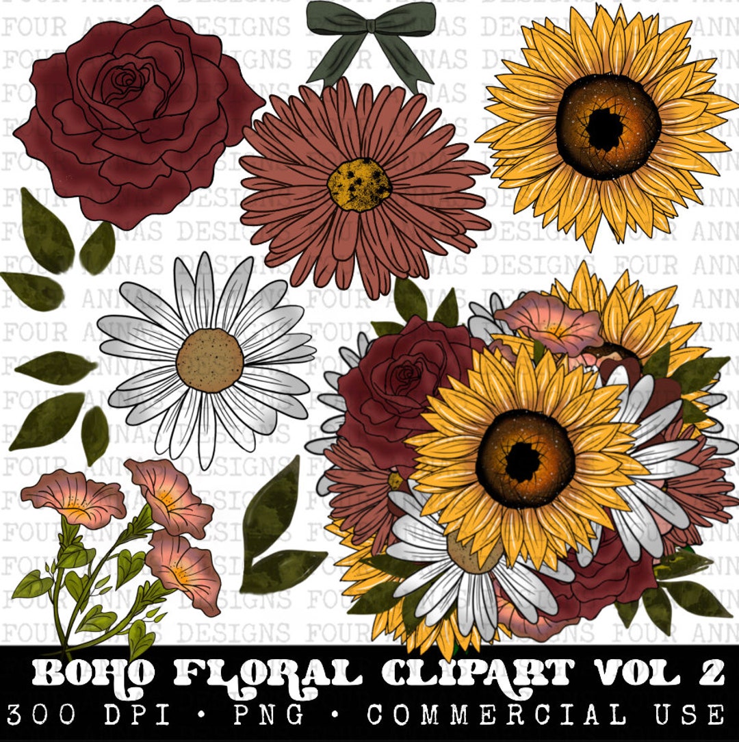 Vol 2 Boho Flowers, Elements, Clipart, PNG, Roses, Clipart Set, Bundle ...