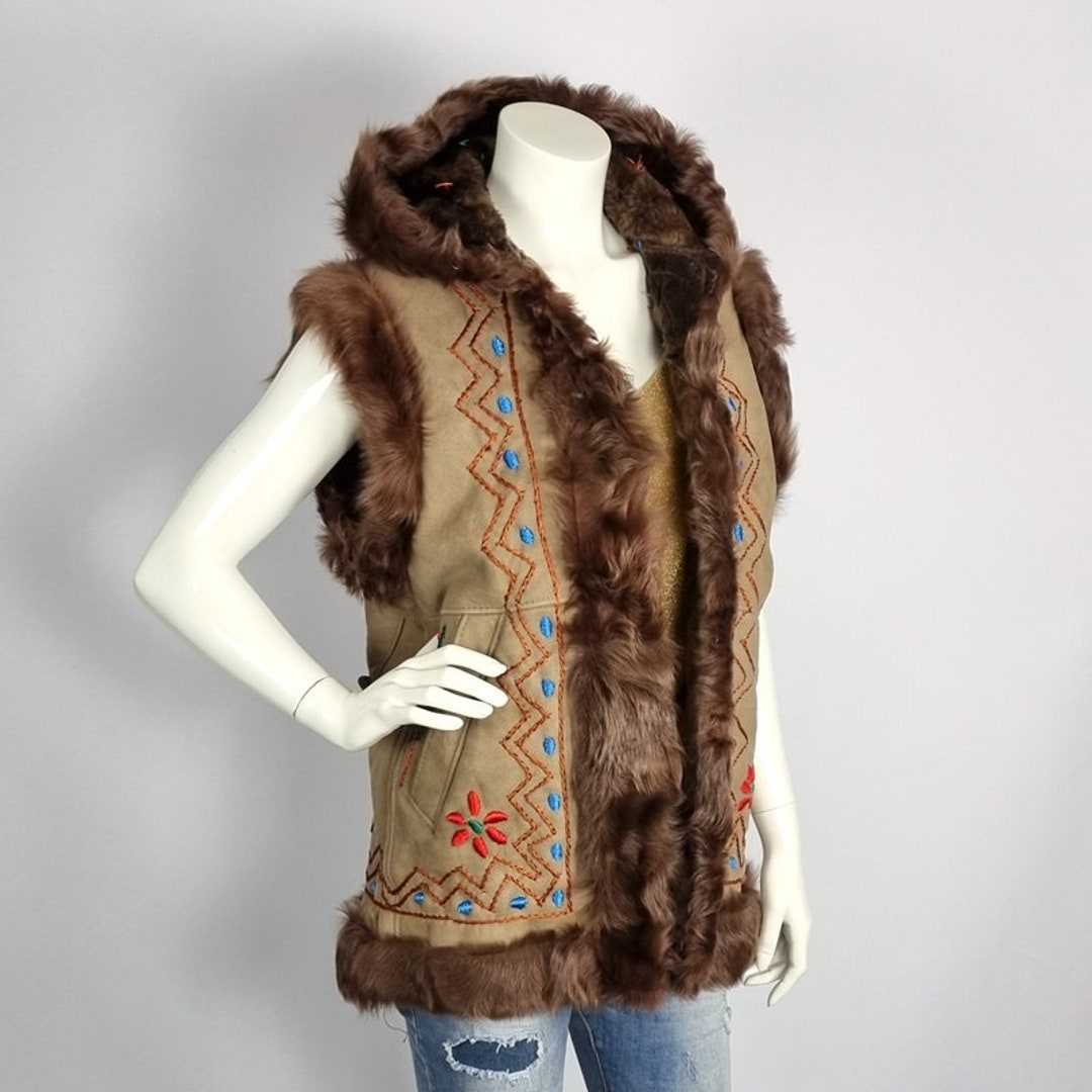 Hooded Suede Bodywarmer Vest With Faux Fur for Unisex Afghan Waistcoat ...