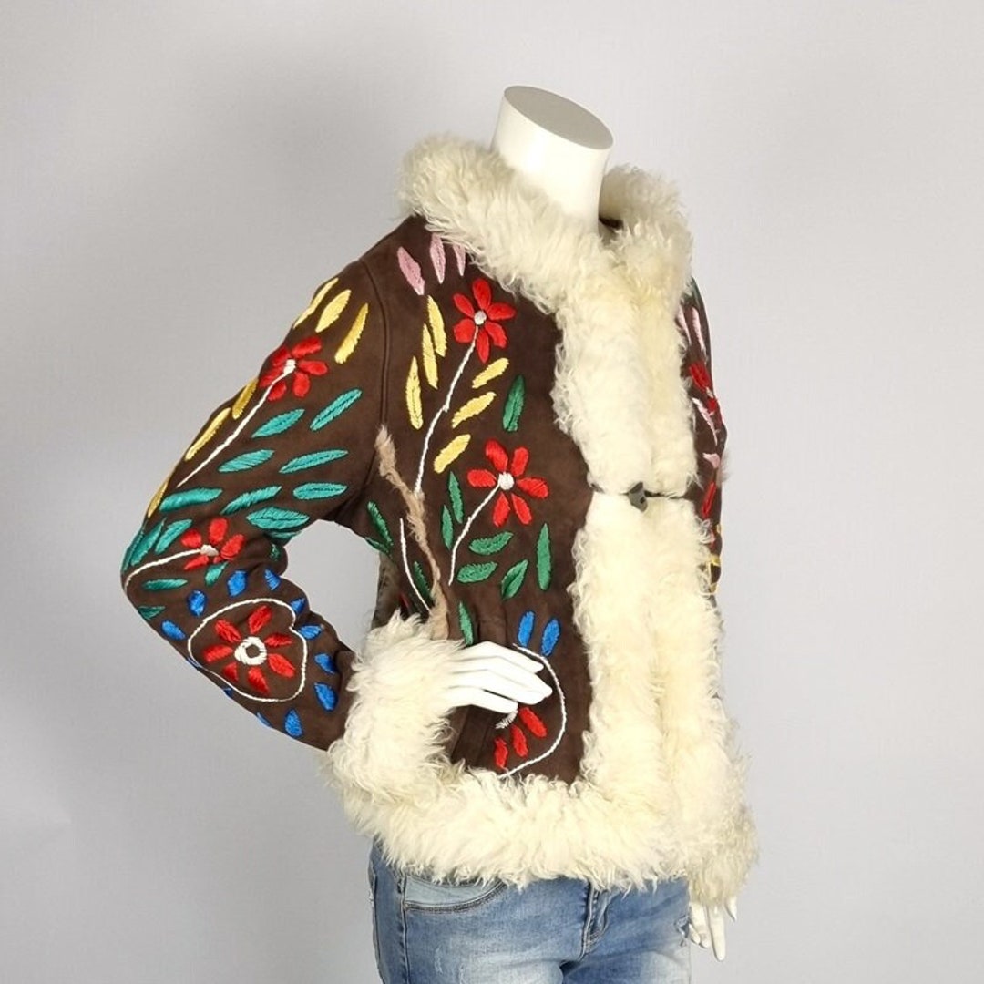 Short Afghan Leather Biker Jacket With Colorful Embroidery and Natural ...