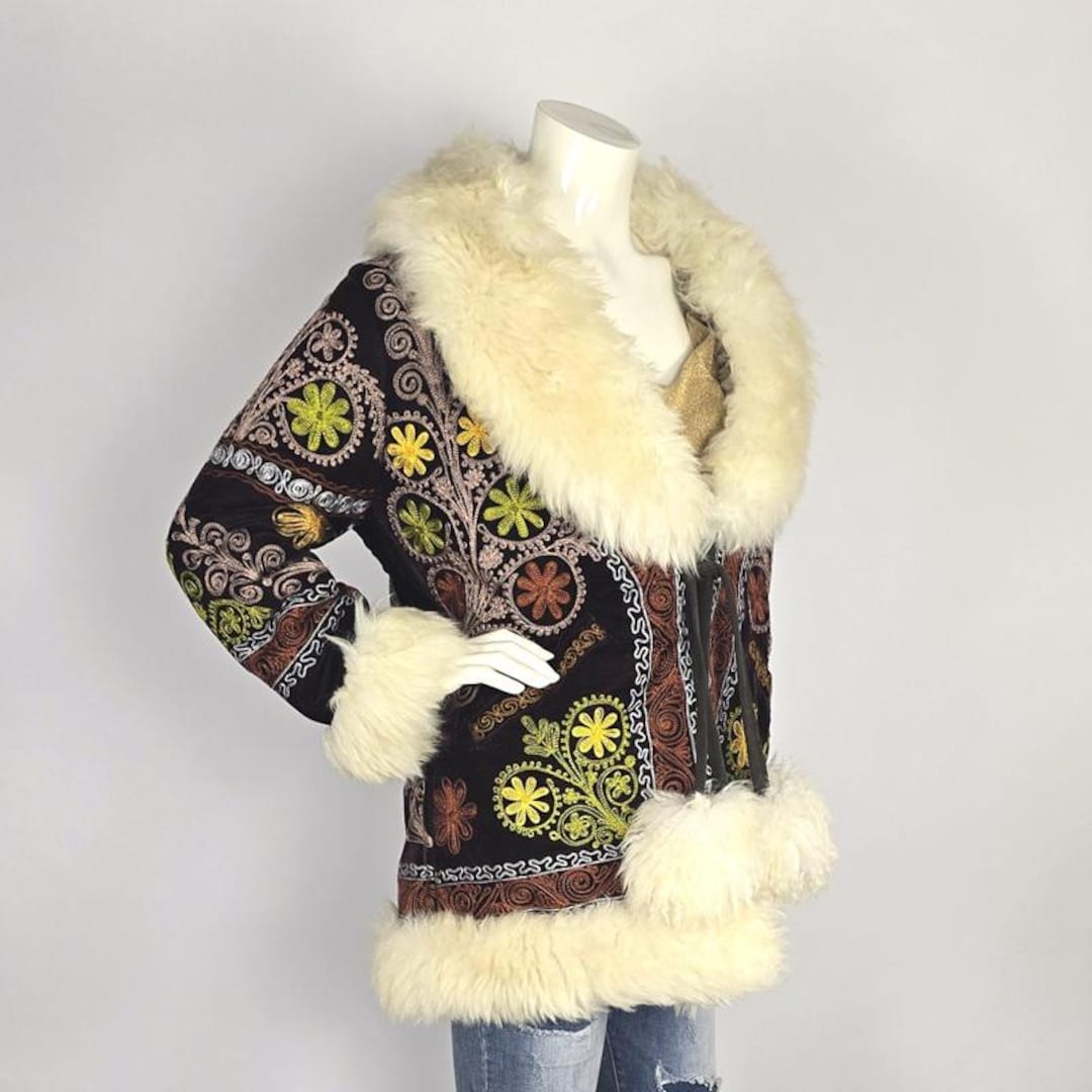 Embroidered Velvet Hippie Jacket: Sheep Fur Trim, Afghan Coat - Etsy