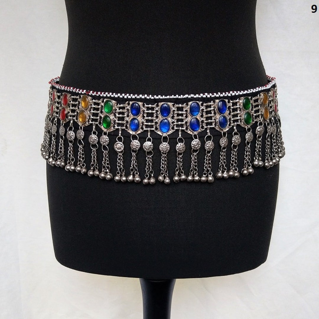 Colorful Metal Kuchi Tribal Hip Belt With Glass Mosaic, Miniature Bells ...