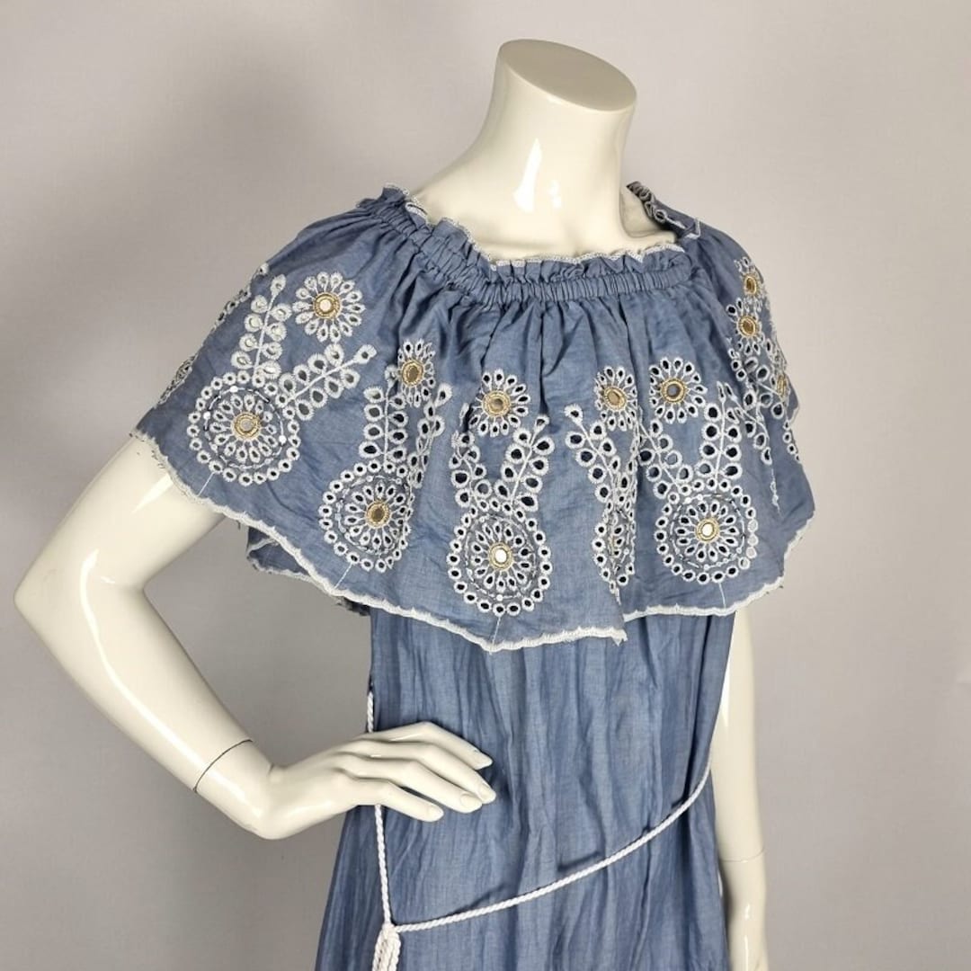 Denim Style Indian Summer Dress With Light Embroidery & Mirrorwork - Etsy