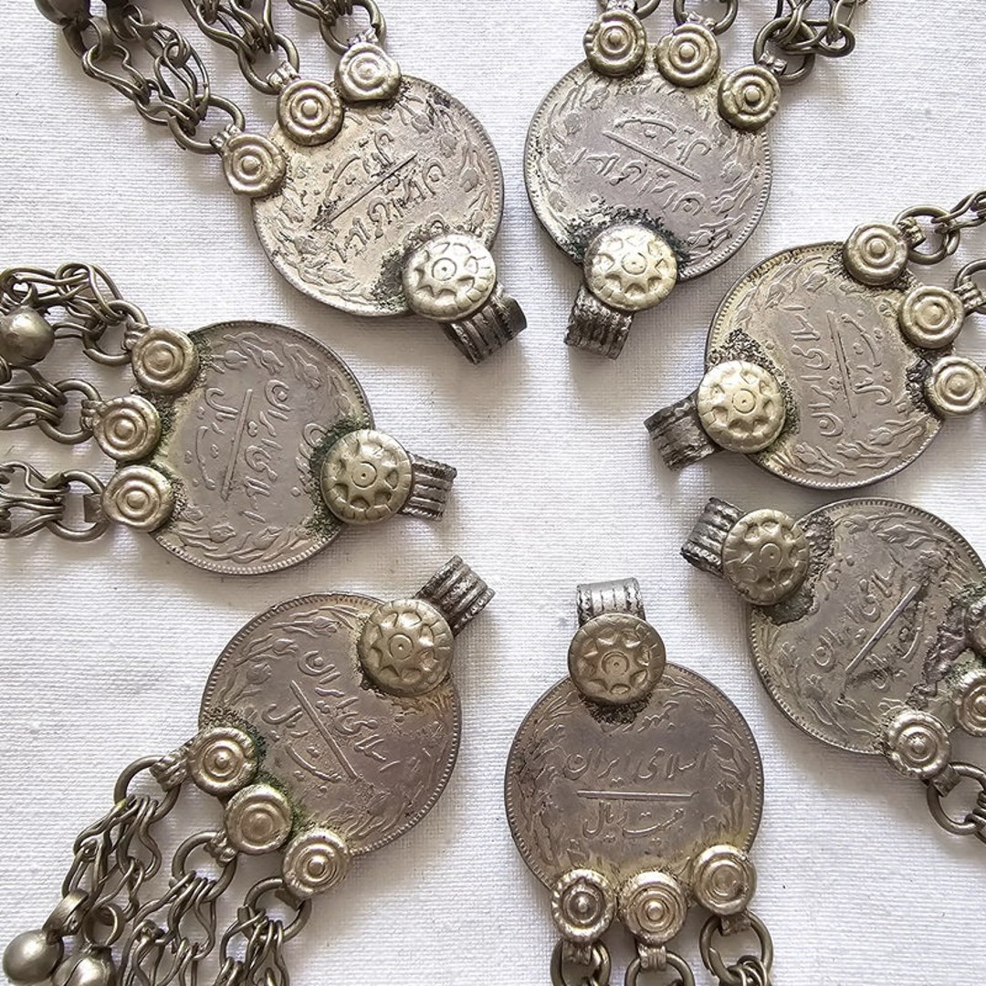 Set of 7 Large Vintage Kuchi Decorative Coin Pendants, Antique Lucky ...