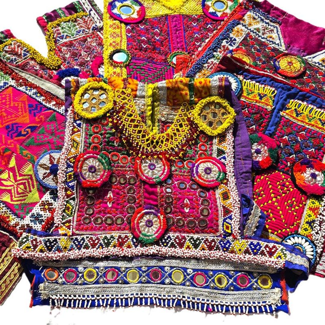 Vintage Kuchi Embroidered Bib: Afghan Tribal Dress Panel, Beadwork Yoke ...