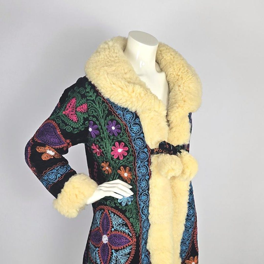 Embroidered Velvet Winter Coat: Afghan Sheep Fur Trim, Boho Hippie ...