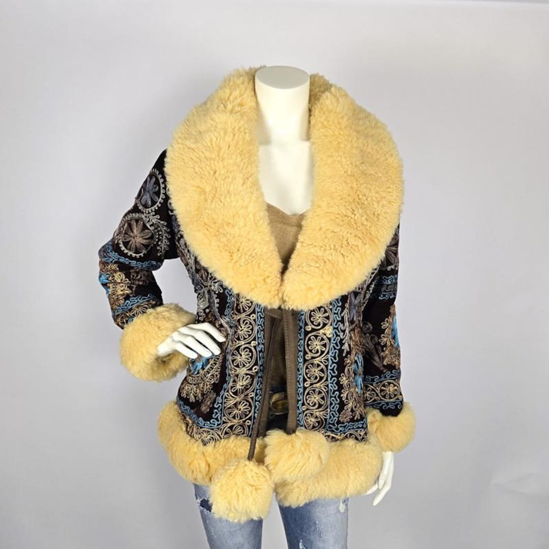 Embroidered Velvet Hippie Jacket: Sheep Fur Trim, Afghan Coat - Etsy