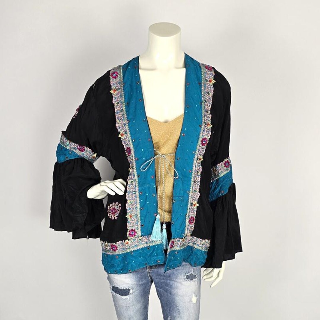 Handmade Upcycled Saree Kimono Top: Beaded Indian Tunic, Frilled ...