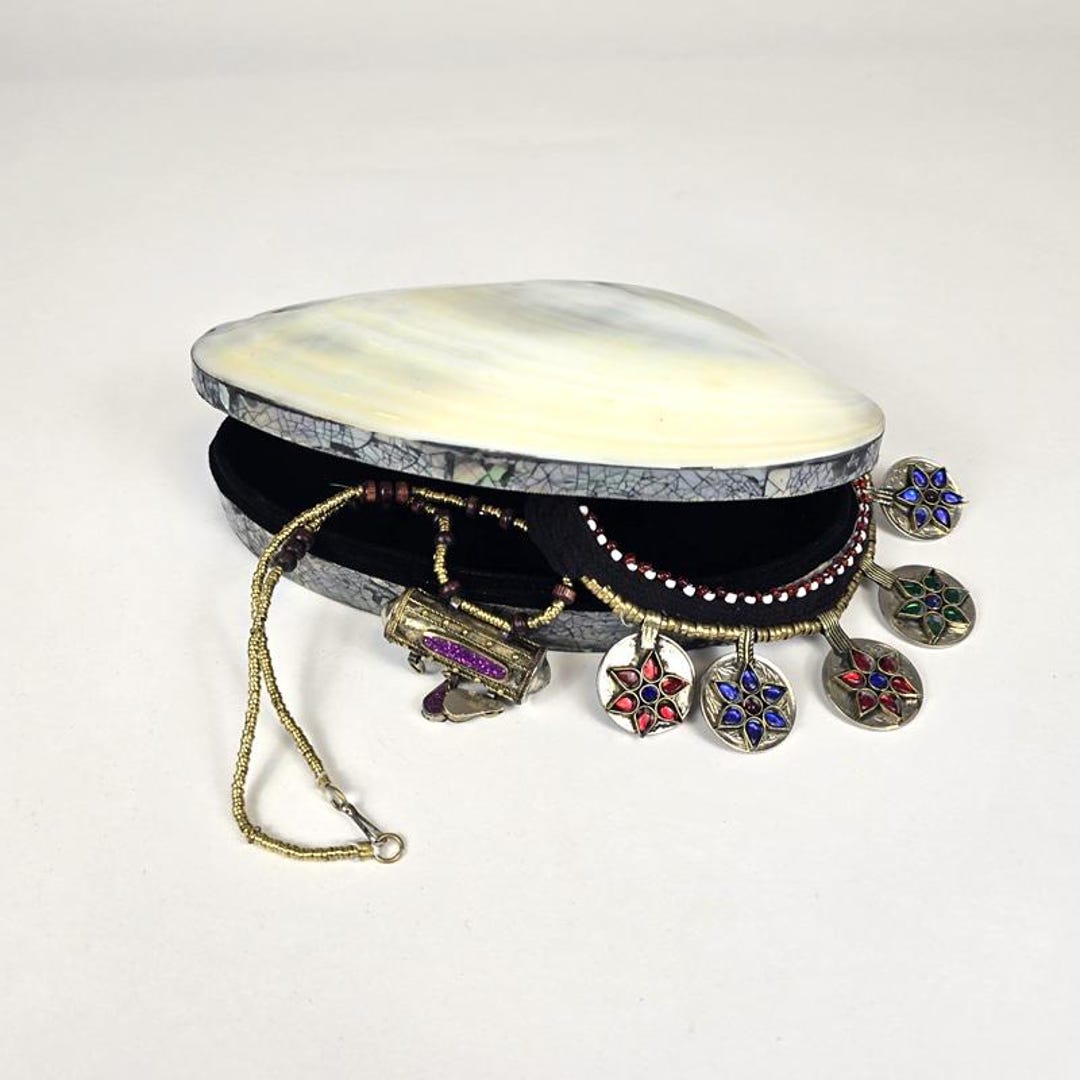 XL Natural Shell Jewelry Box: Mother of Pearl Trinket Chest, Black ...