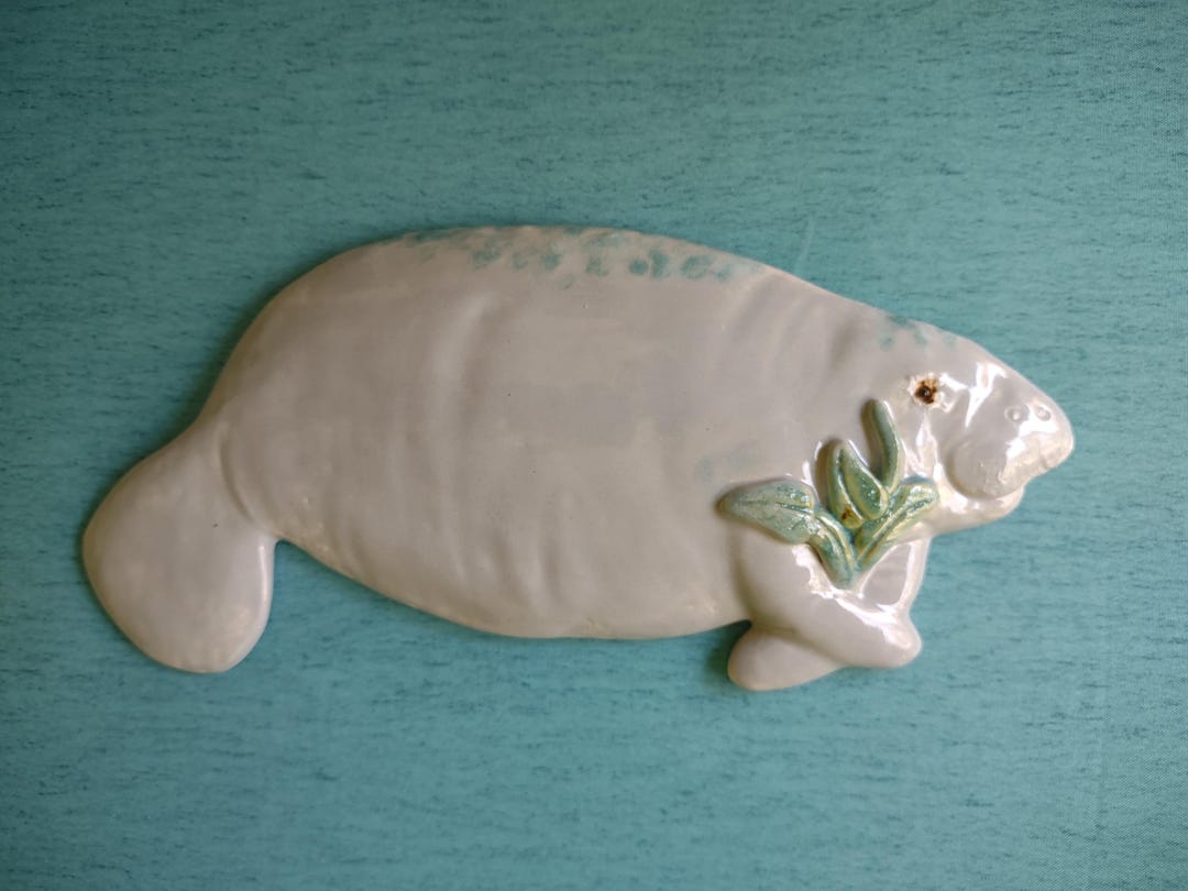 Ceramic Manatee Wall Plaque With Greens - Etsy