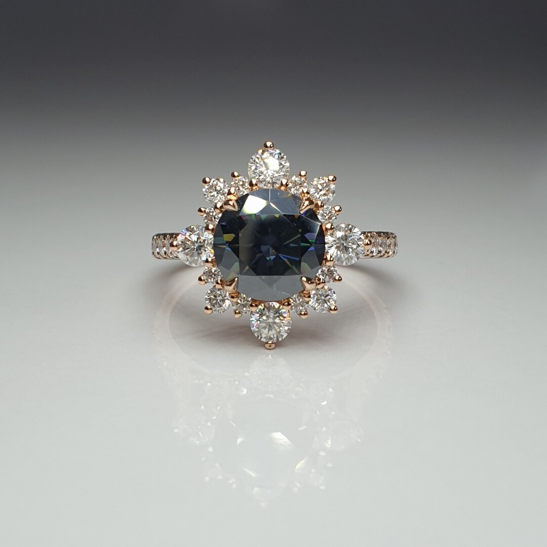 Vintage Flower Halo Blue Gray Moissanite Ring: 18K Rose Gold Engagement ...