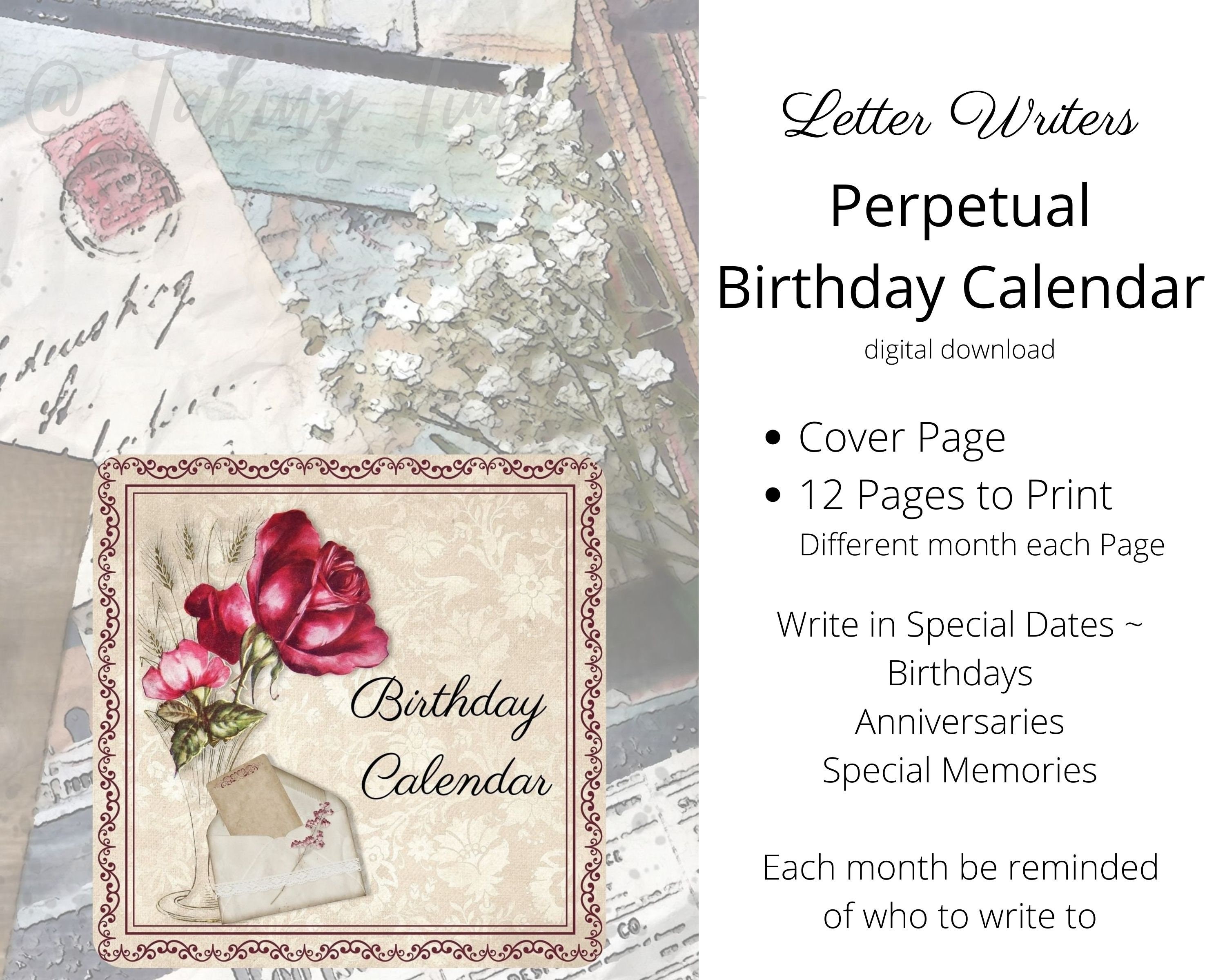 Printable BIRTHDAY CALENDAR of Vintage Letter Writing, Postcards ...