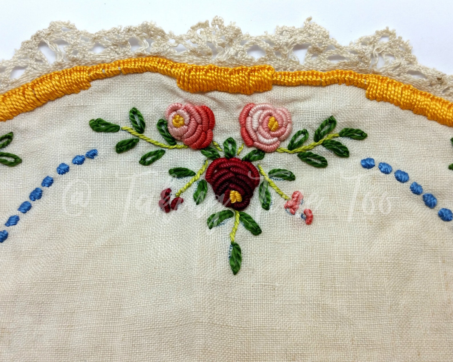 Printable Antique Embroidered Roses on French Linen. Gorgeous Colourful ...