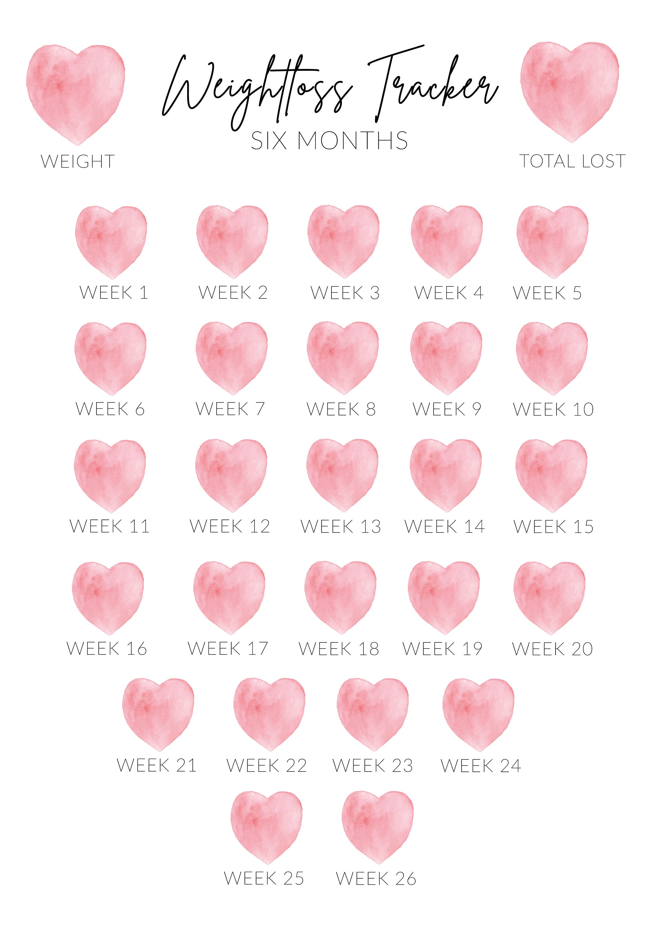 Pink Hearts Weight Loss Tracker: 6-month Printable (digital Download ...