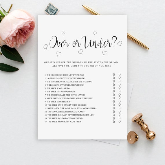 Over Or Under Printable Game Bridal Wedding Couples Shower Etsy