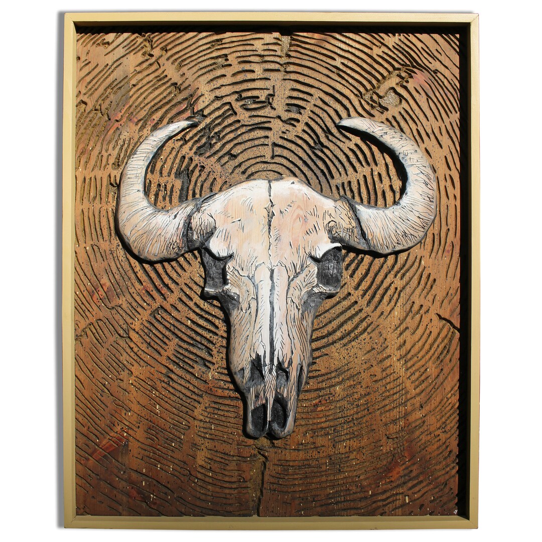 Painting buffalo Skull Carved and Hand Painted on Wood / Primitive Art ...
