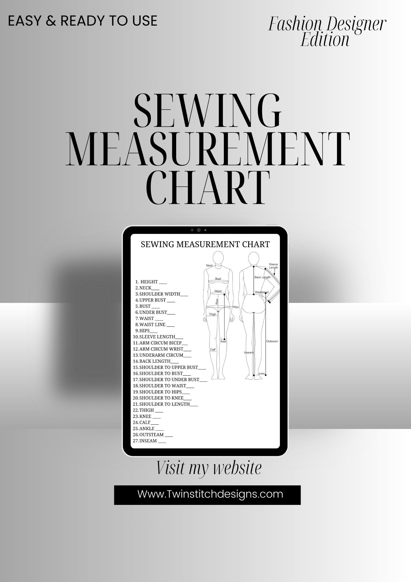 Sewing Measurements Sheet, Detailed Women Body Measurements, Blank ...