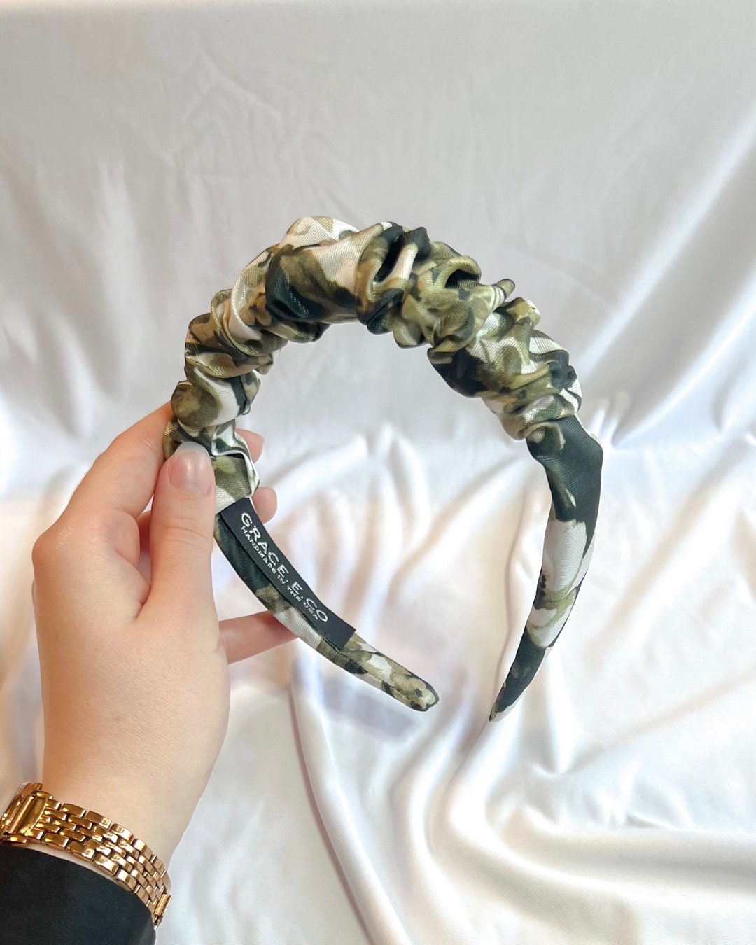 Green Vines Ruched Headbands | Green and White Scrunchie Headband ...