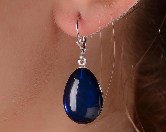Blue Amber Earrings, 925 Sterling Silver Lever Back Closure, Amber ...