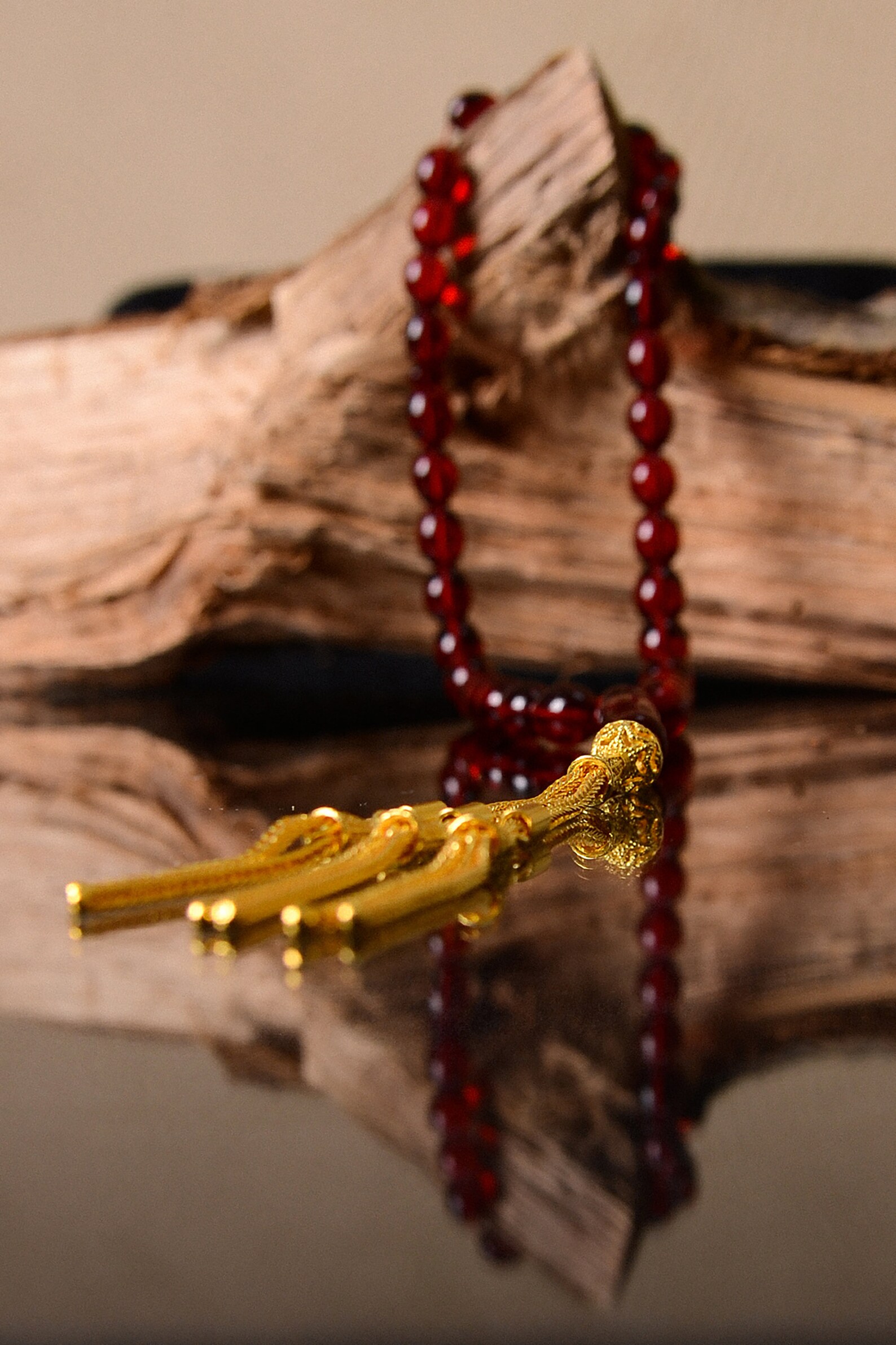 Natural Red Amber Tespih - Gold Plated 925 Sterling Silver Tassel ...