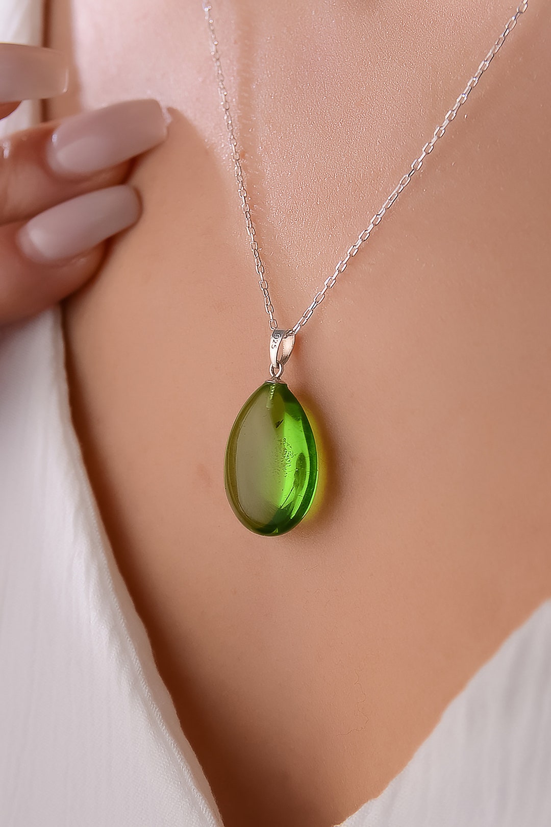 Green Amber Necklace - 925 Sterling Silver Necklace - Caribbean Green ...