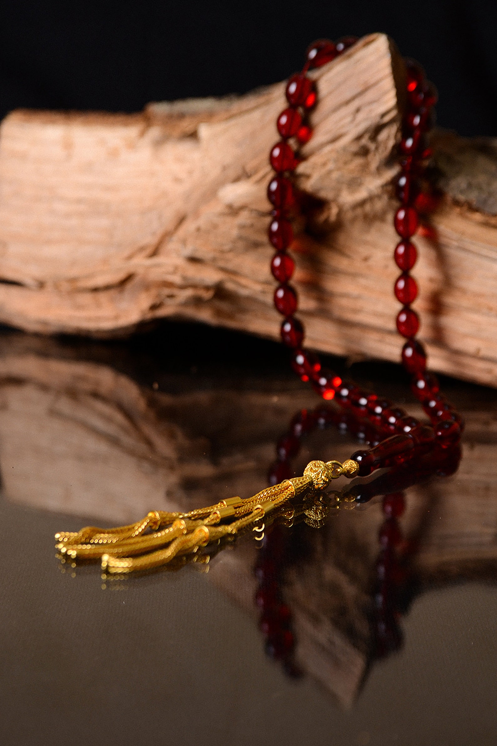 Natural Red Amber Tespih - Gold Plated 925 Sterling Silver Tassel ...