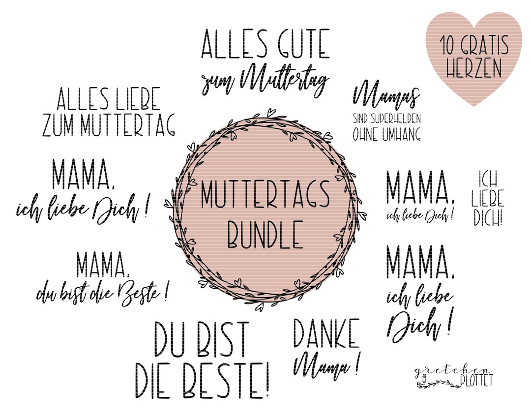Digitales Produkt - Plotterdatei "Muttertagsbundle + Zweigenkranz Nora" + 10 GRATIS HERZEN ...