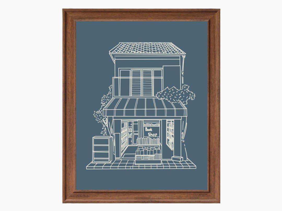Blue Bookstore Art Print Digital Download Bookshop Drawing Printable ...
