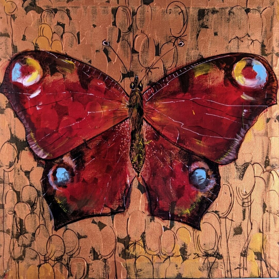 Red Butterfly Painting Nature Original Art Gold Wall Art 16 by 16 Inch ...