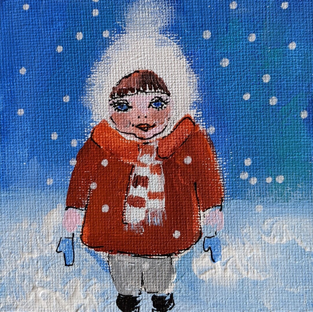Winter Small Acrylic Painting Snow Original Art Miniature Little Girl ...