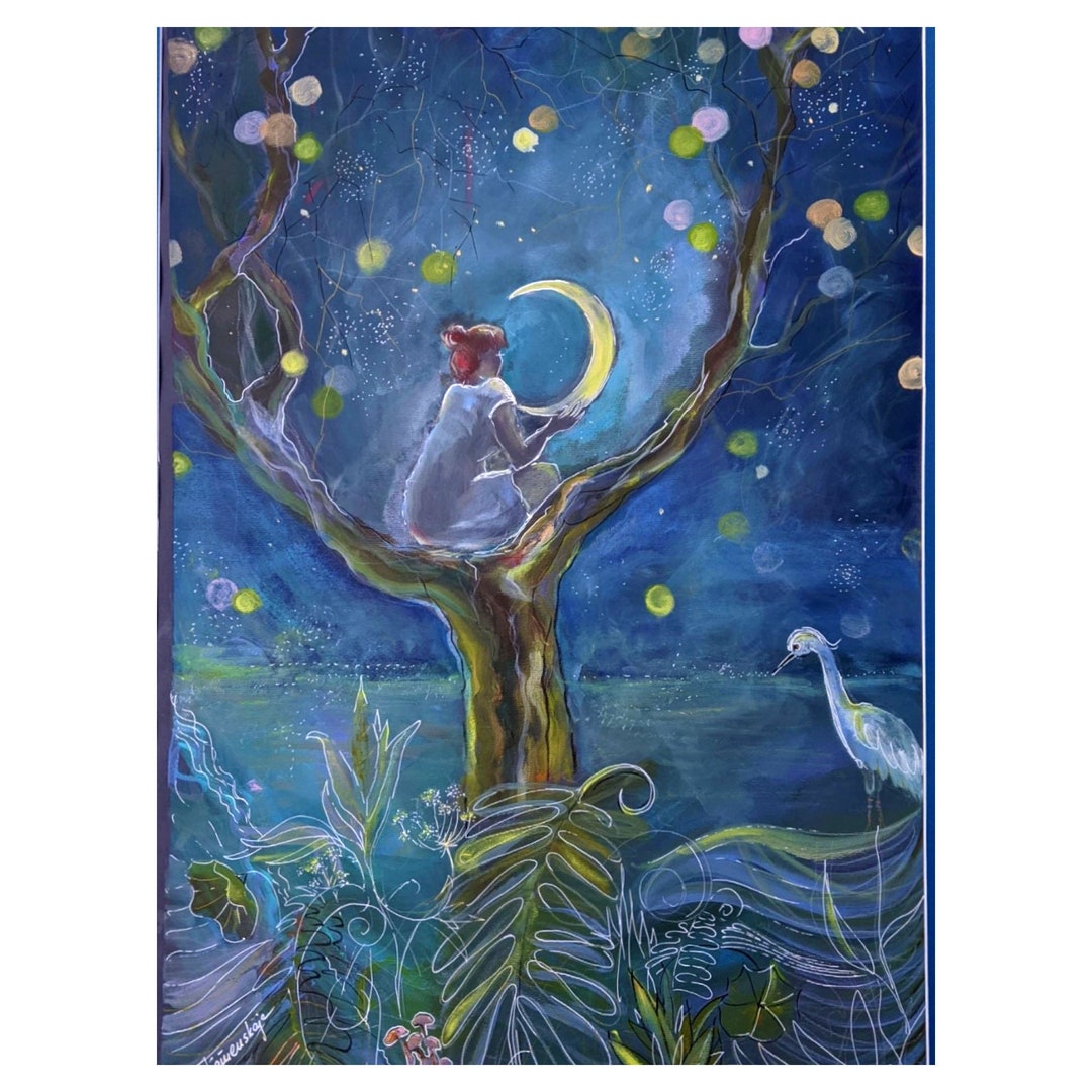 Magic Night Acrylic Painting , Witch Trees Original Art , Fairy Tale ...
