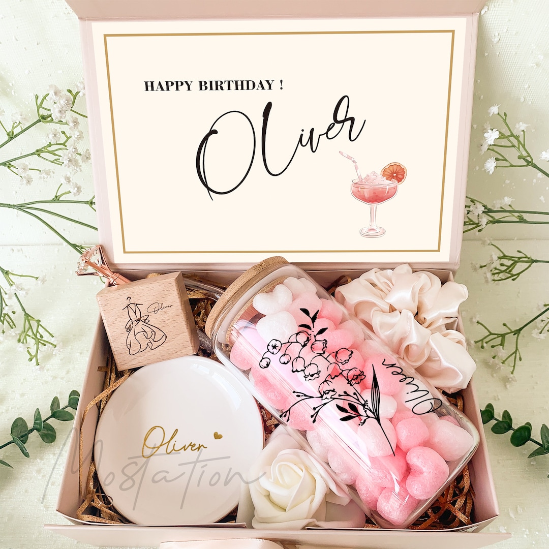 Birth Month Flower Gift Box, Birthday Gift Kit With Wooden Stamp, Pink ...