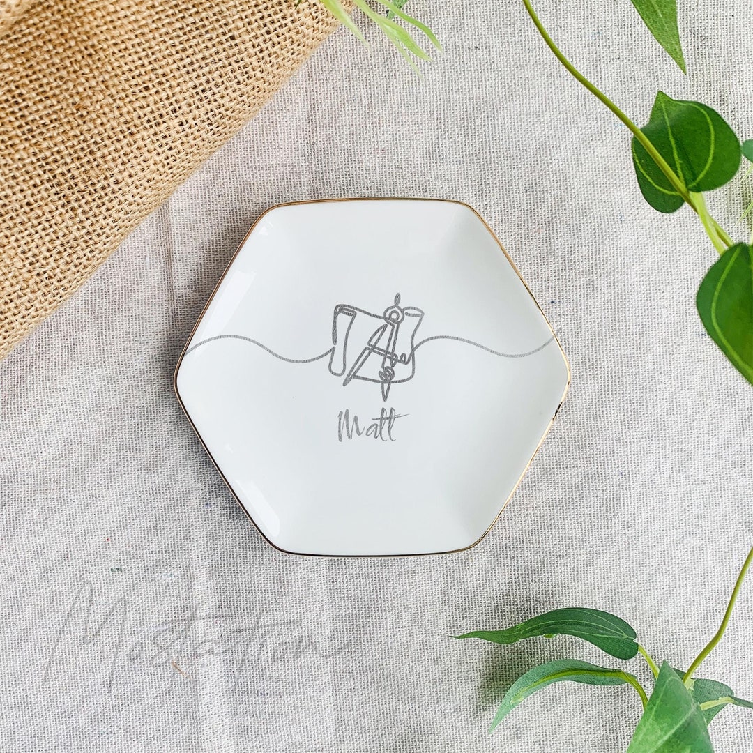 Engineer Farewell Gift, Ruler Line Art Trinket Tray, Custom Name Ring ...