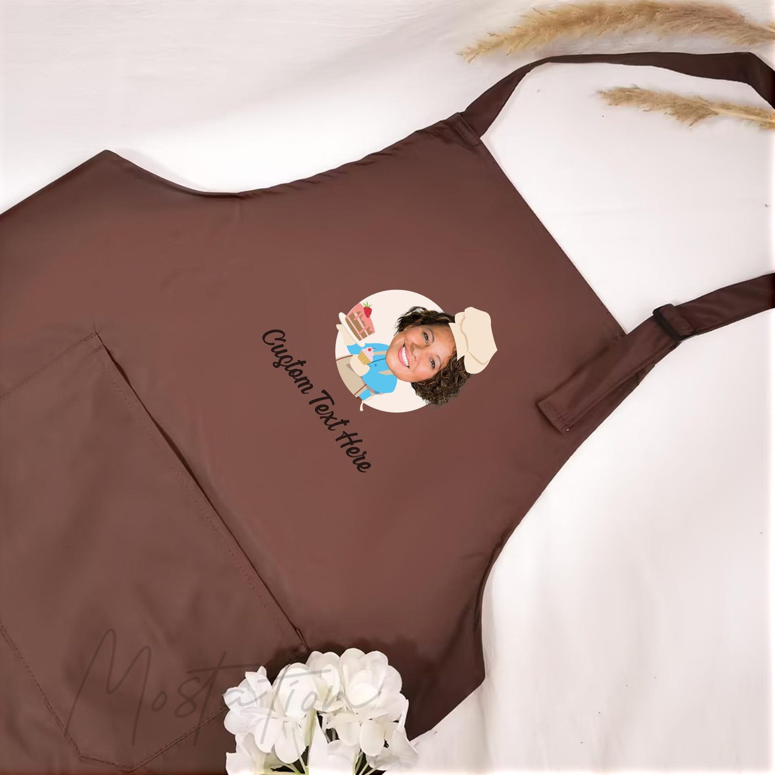 Custom Apron With MOM Face, Cooking Apron, Chef Cap Apron With Text ...