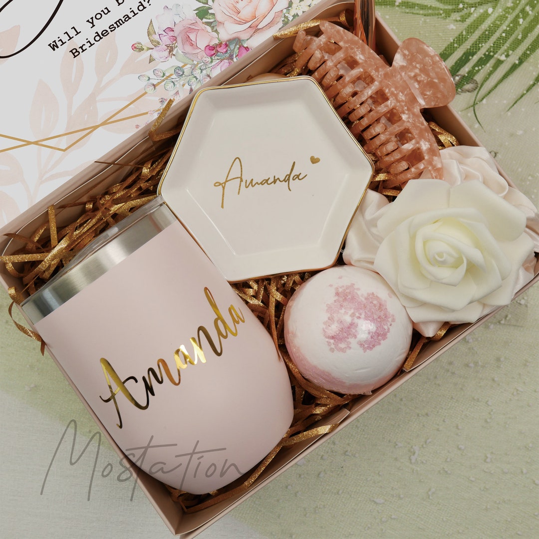 Blush Bridesmaid Proposal Box With Hexagon Dish, Pink Rose Themed ...