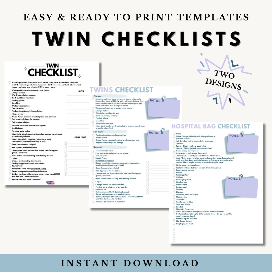 Printable Expecting Twins Checklists Hospital Bag Checklist Twin ...