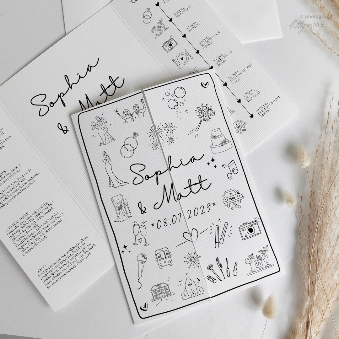 Cute Doodle Invitations, Hand Drawn Wedding Invitations, Printed ...