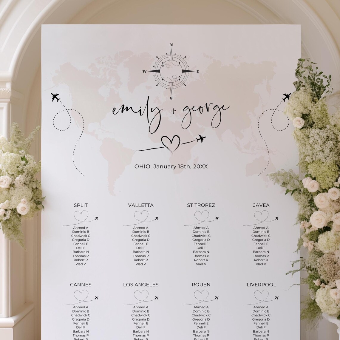 World Map Seating Plan, Travel Inspired Table Seating Plan, Countries ...
