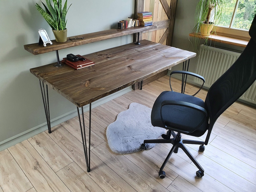 Rustic Reclaimed Wood Desk With Integrated Monitor Stand - Sustainable ...