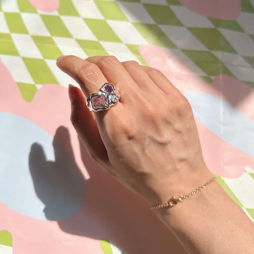 Irregular Silver Ring With Sparkly Gems Rings Size US 7 / Silver Plated ...