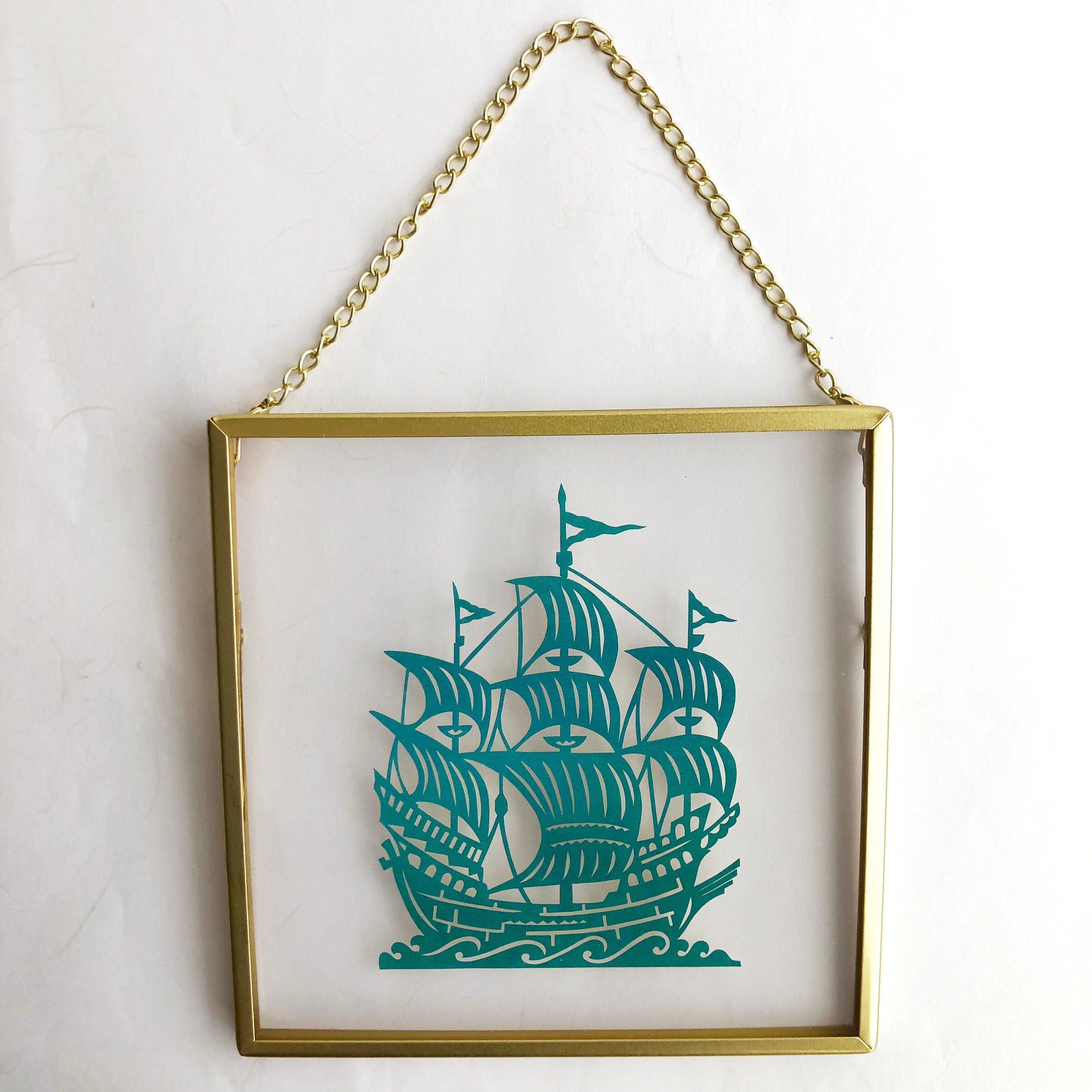 Framed Handmade Papercut Ship, Nautical Themed, Deep Sea Green Paper ...