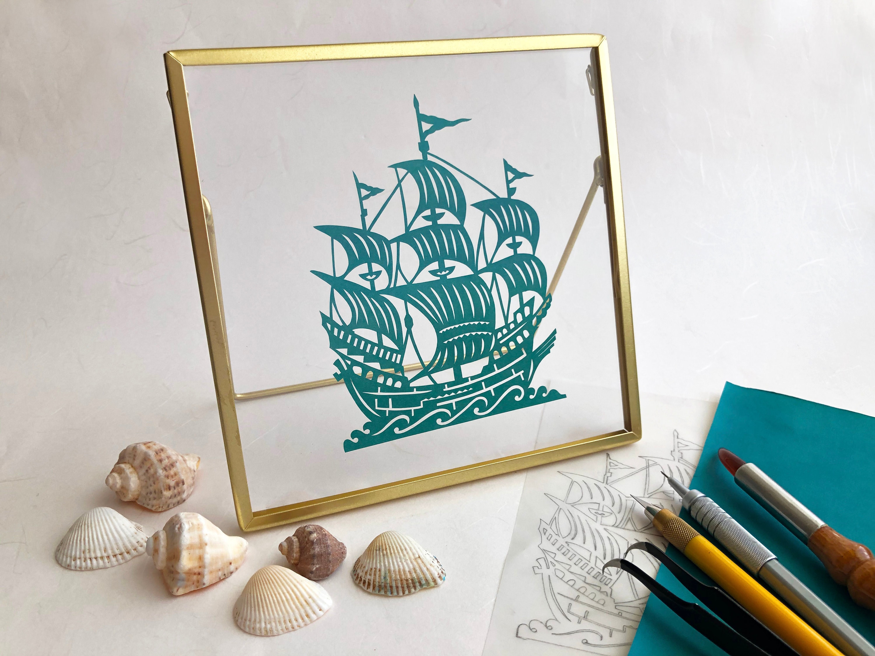 Framed Handmade Papercut Ship, Nautical Themed, Deep Sea Green Paper ...