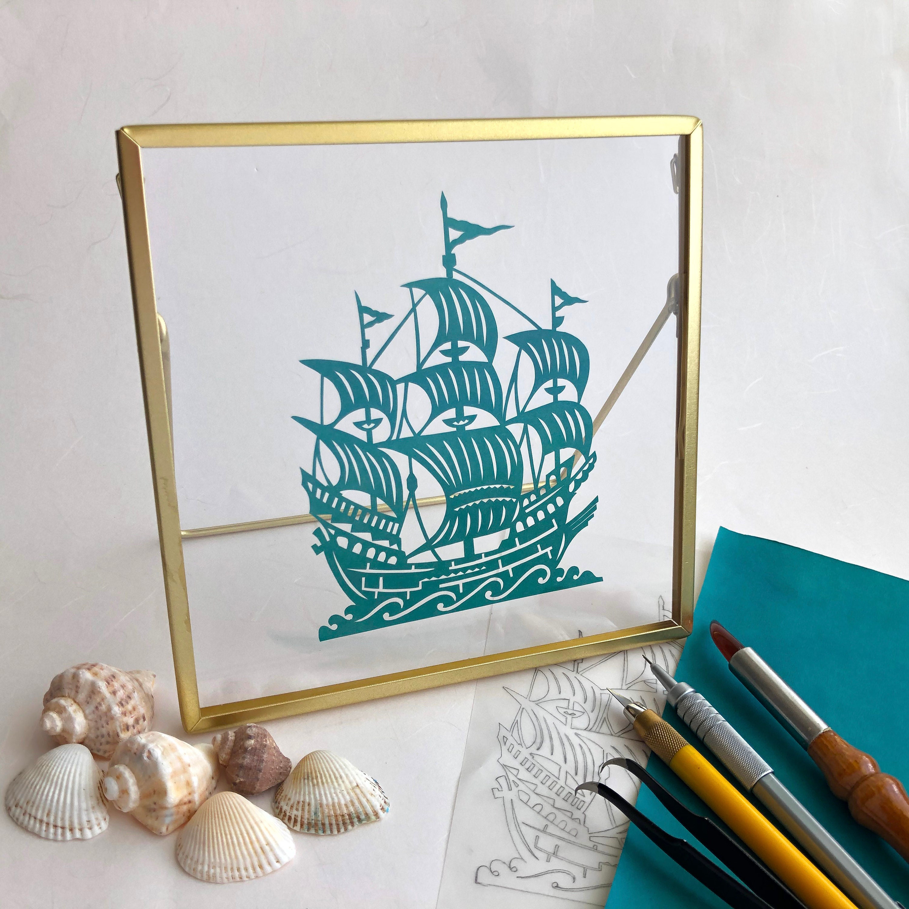 Framed Handmade Papercut Ship, Nautical Themed, Deep Sea Green Paper ...