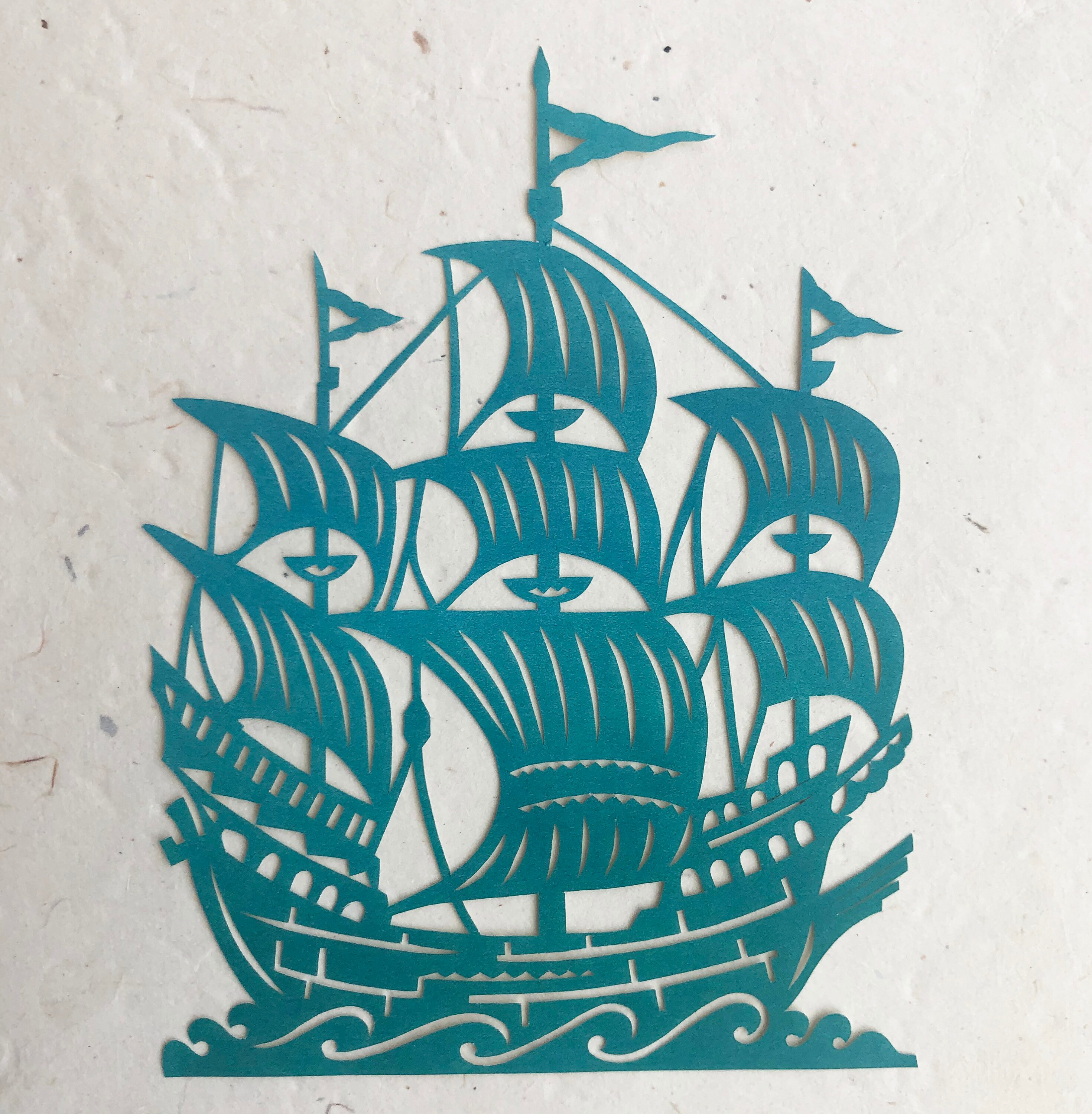 Framed Handmade Papercut Ship, Nautical Themed, Deep Sea Green Paper ...