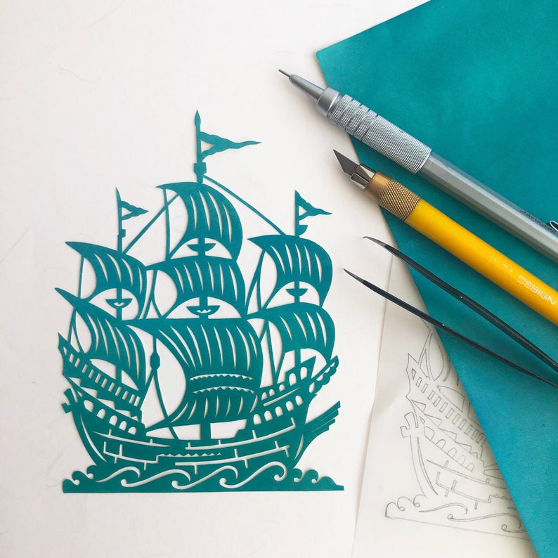 Framed Handmade Papercut Ship, Nautical Themed, Deep Sea Green Paper ...