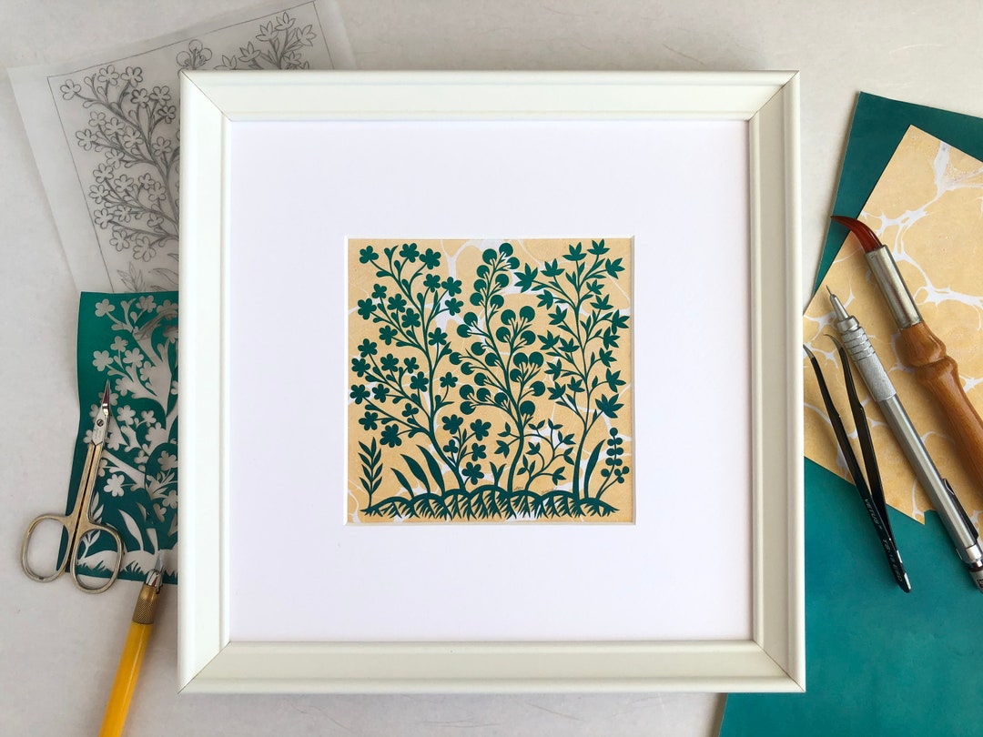 Framed Papercut Botanical Art, Hand Cut Spring Artwork, Green Motifs on ...