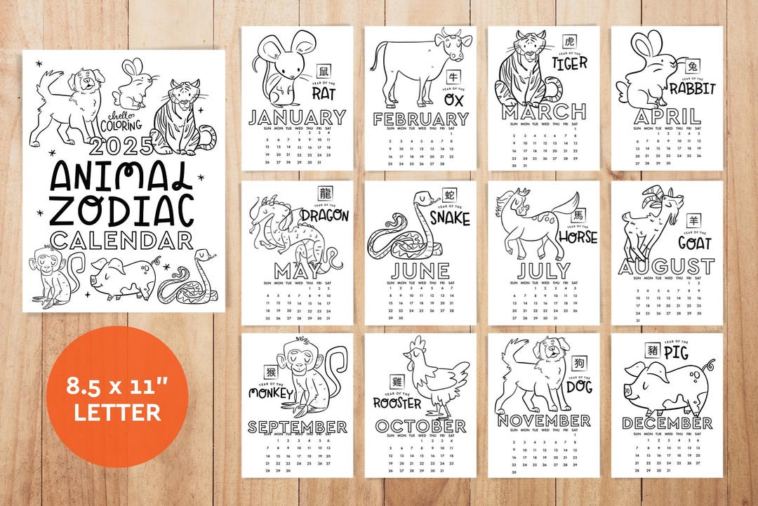 2025 Printable Animal Zodiac Coloring Calendar, 8.5x11, Instant ...