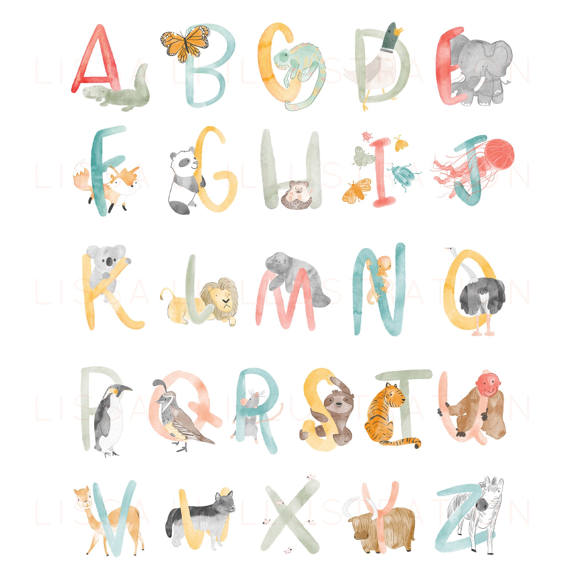Alphabet Watercolor Animal Clipart Pack Lissa Li Clipart - Etsy