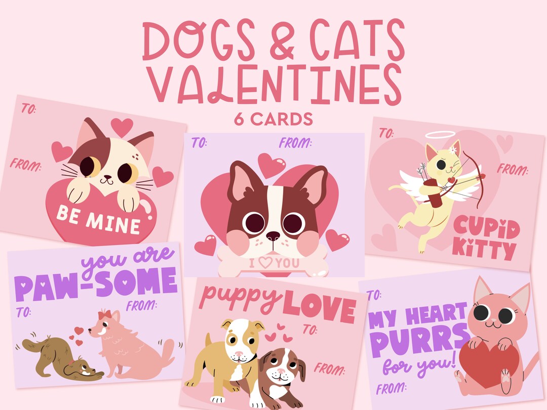 Dogs & Cats Valentines Cards Printables, Classroom Cards, Valentine's ...